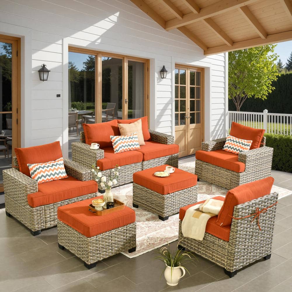 HOOOWOOO Kelleys 7-Piece Wicker Modern Outdoor Patio Conversation Sofa ...