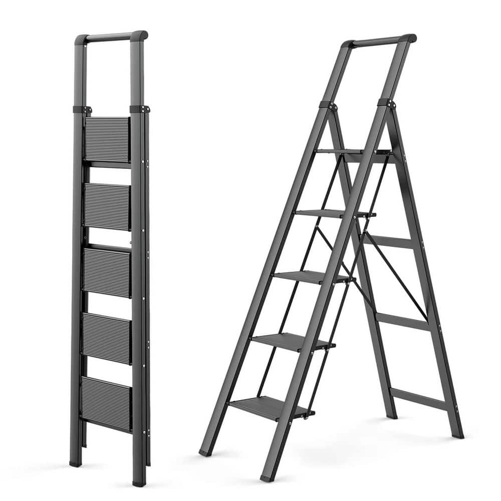 Laybus 5.66 ft. Aluminum 5 Step Ladder (10 ft. Reach), Load 300 lb ...
