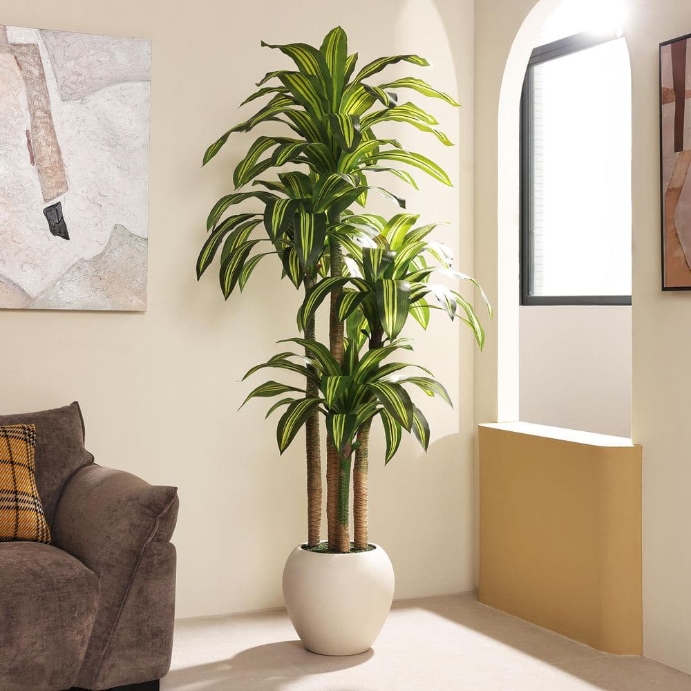 DR.Planzen 7 ft. Artificial Dracaena Plant Indoor Outdoor Fake Tree with White Planter for Home ...