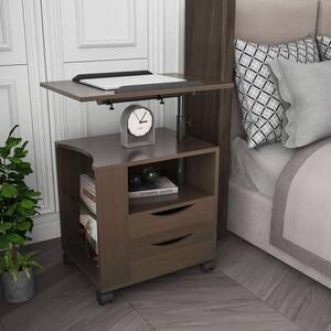 2-Drawer Oak Nightstand with Swivel Top Wheels and Open Shelf 33.31 in ...