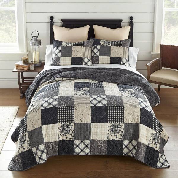 DONNA SHARP Augusta 3-Piece Black and Beige Cotton Queen Quilt Set ...
