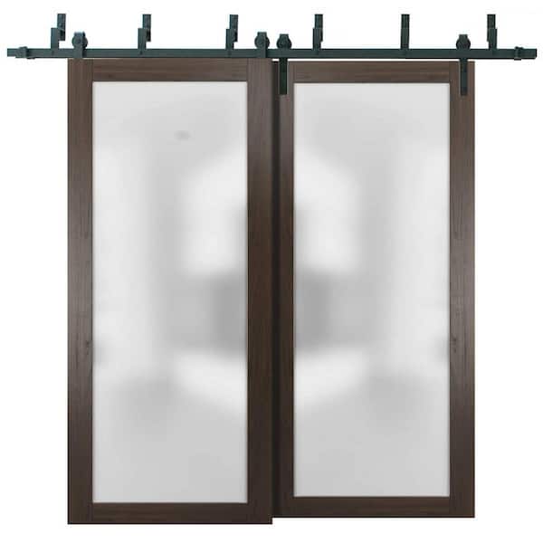 Sartodoors 60 in. x 96 in. 2 Panel Frosted Glass Chocolate Ash Solid ...