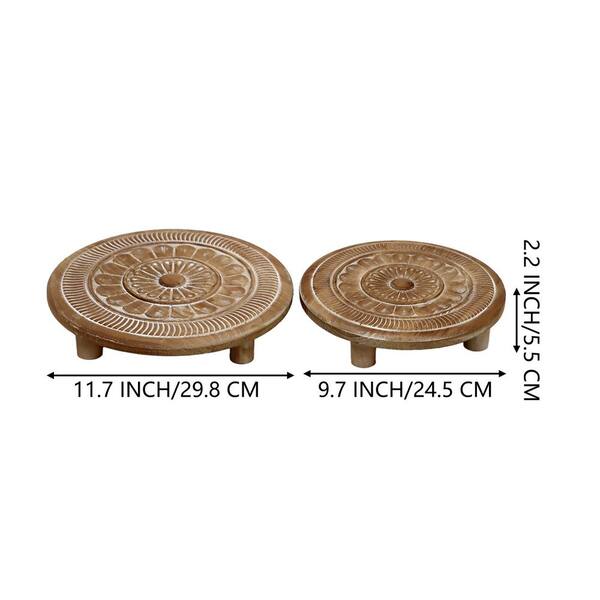 PARISLOFT Natural Wood Set of 2-Round Wood Risers with Carved Pattern ...