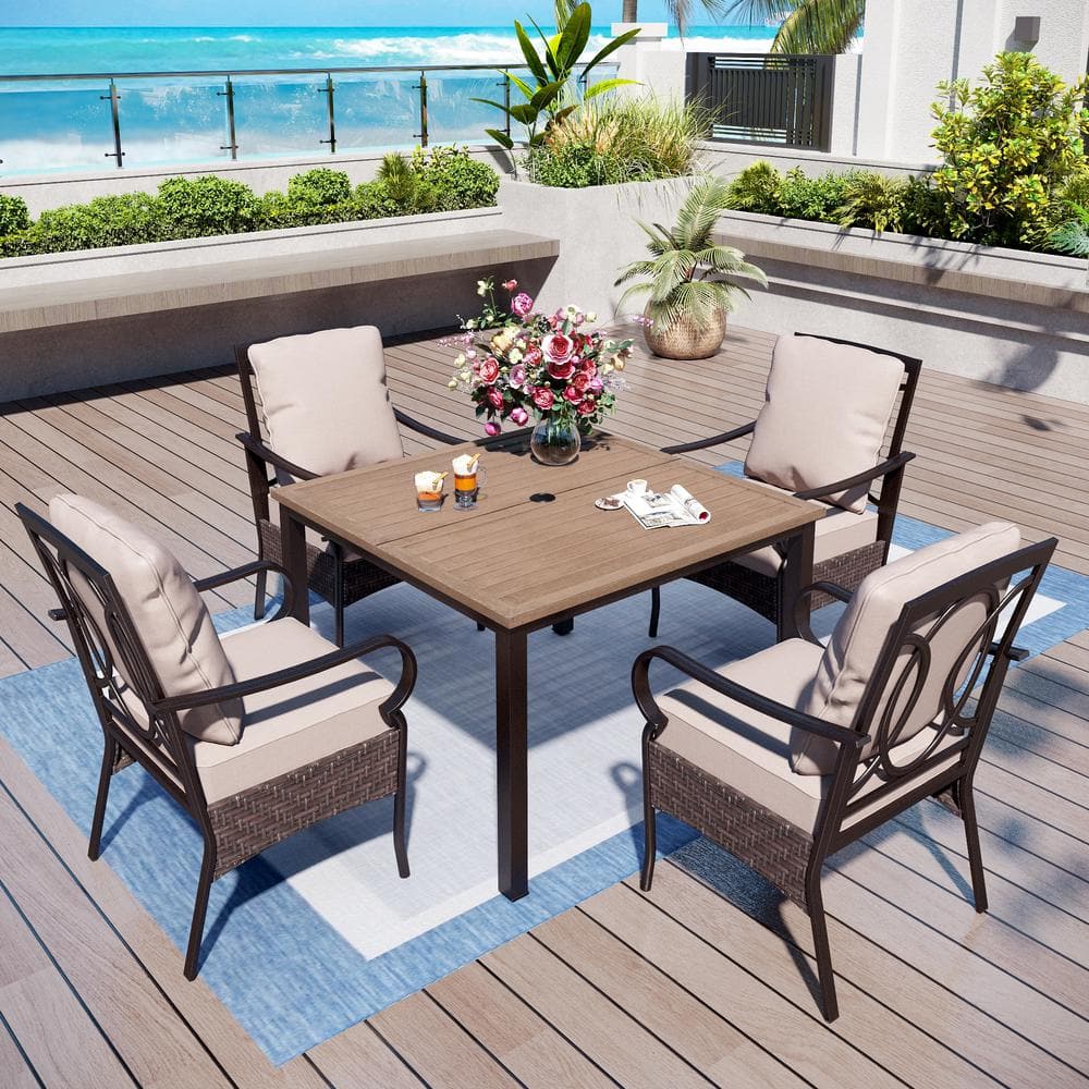 PHI VILLA 5-Piece Metal Square Patio Outdoor Dining Set with Wood-Look ...