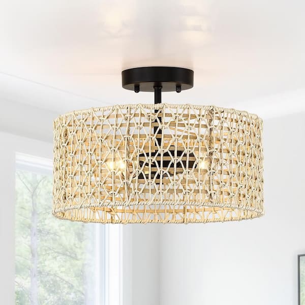 TRUE FINE Bohe 14 in. 2-Light Rattan Rope Semi-Flush Mount Ceiling ...