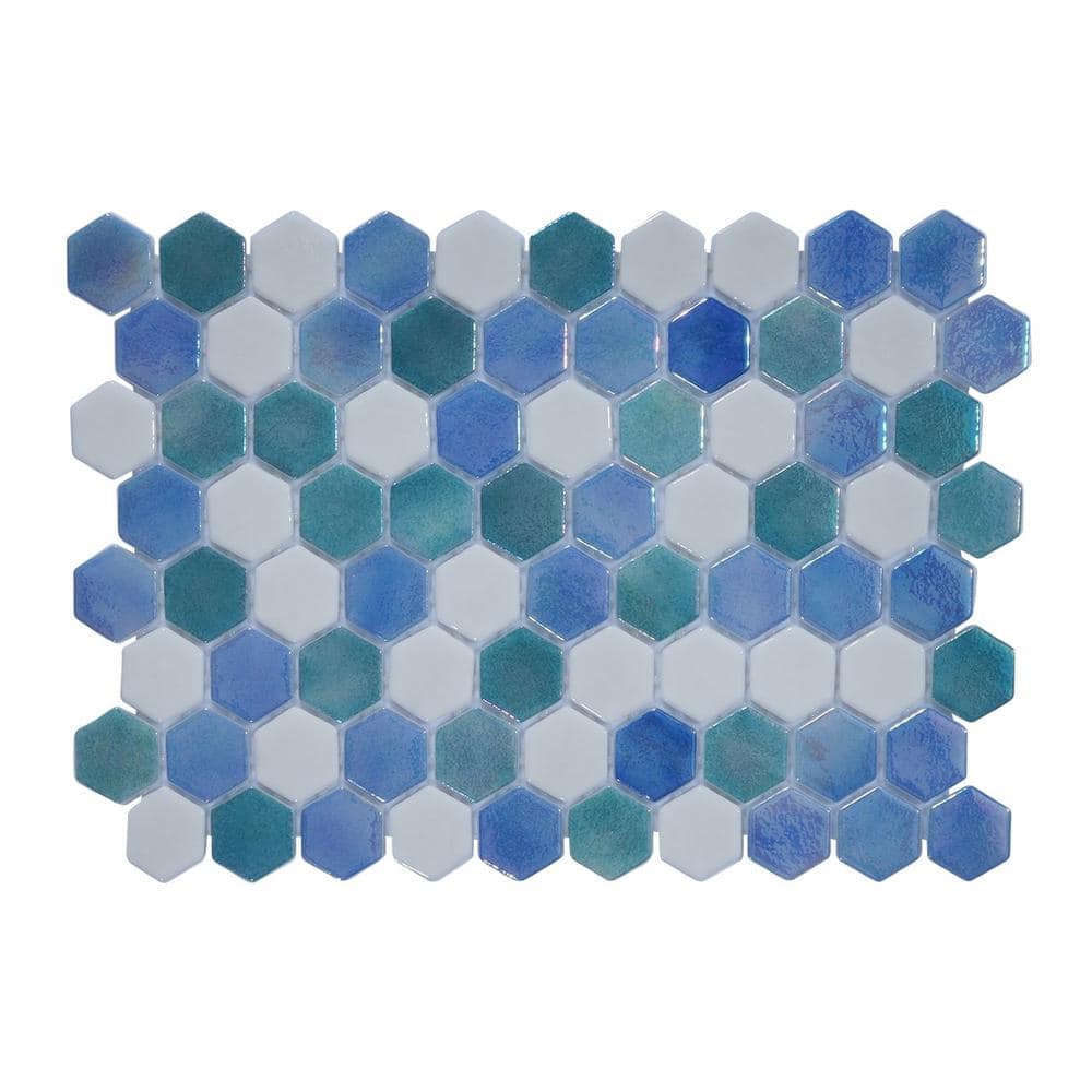 The Tile Doctor Glass Tile LOVE Hex 11 in. x 16 in. Glossy First Sight Blue White Mix Mosaic for ...