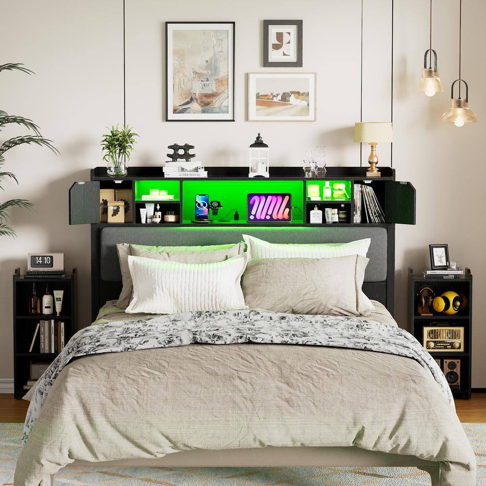 PAKASEPT Black Queen Size Headboard with Upholstered, Lights, Charging ...