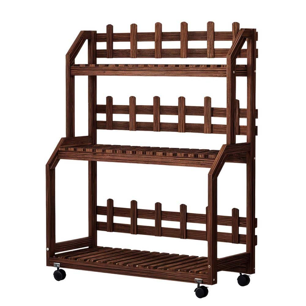 MoNiBloom 3-Tiers Carbonized Brown Wood Rolling Plant Stand with Tiered ...