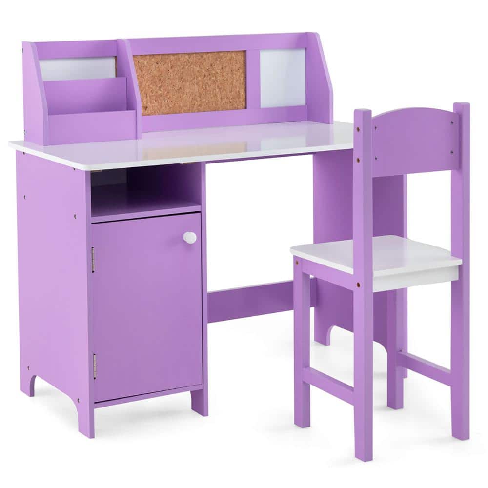 Costway 2-Piece Wood Top Purple Kids Desk and Chair Set Study Writing ...
