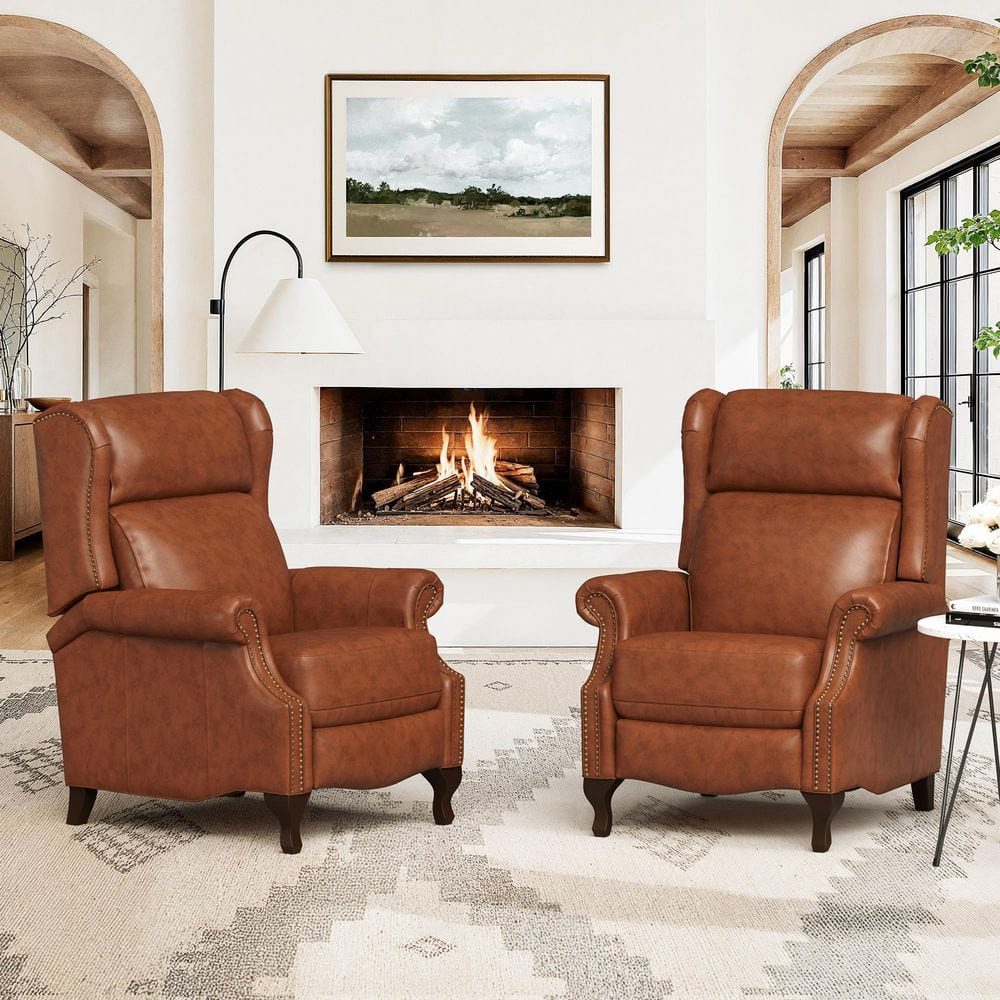 OrangeOne Baldridge 35 in. Camel Genuine Leather Recliner with ...