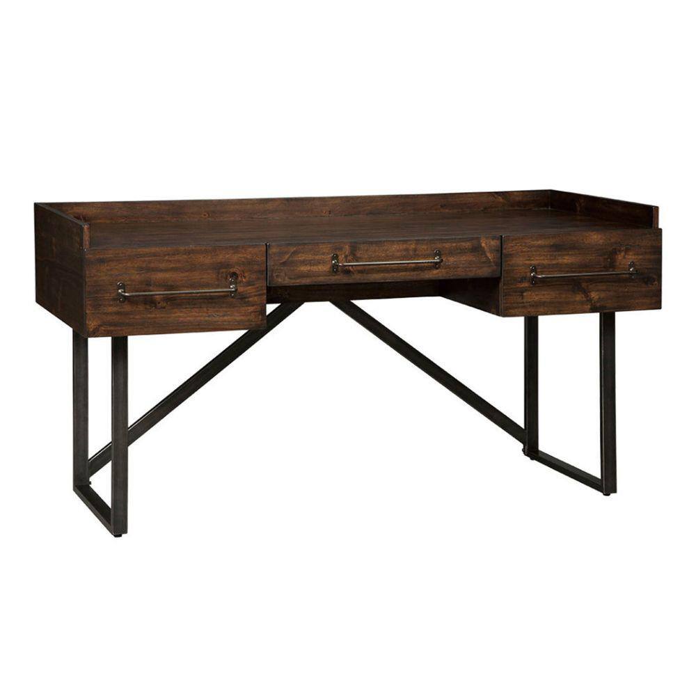 Benjara 63 in. W Brown and Black Wooden Three Drawers Desk with Tubular ...