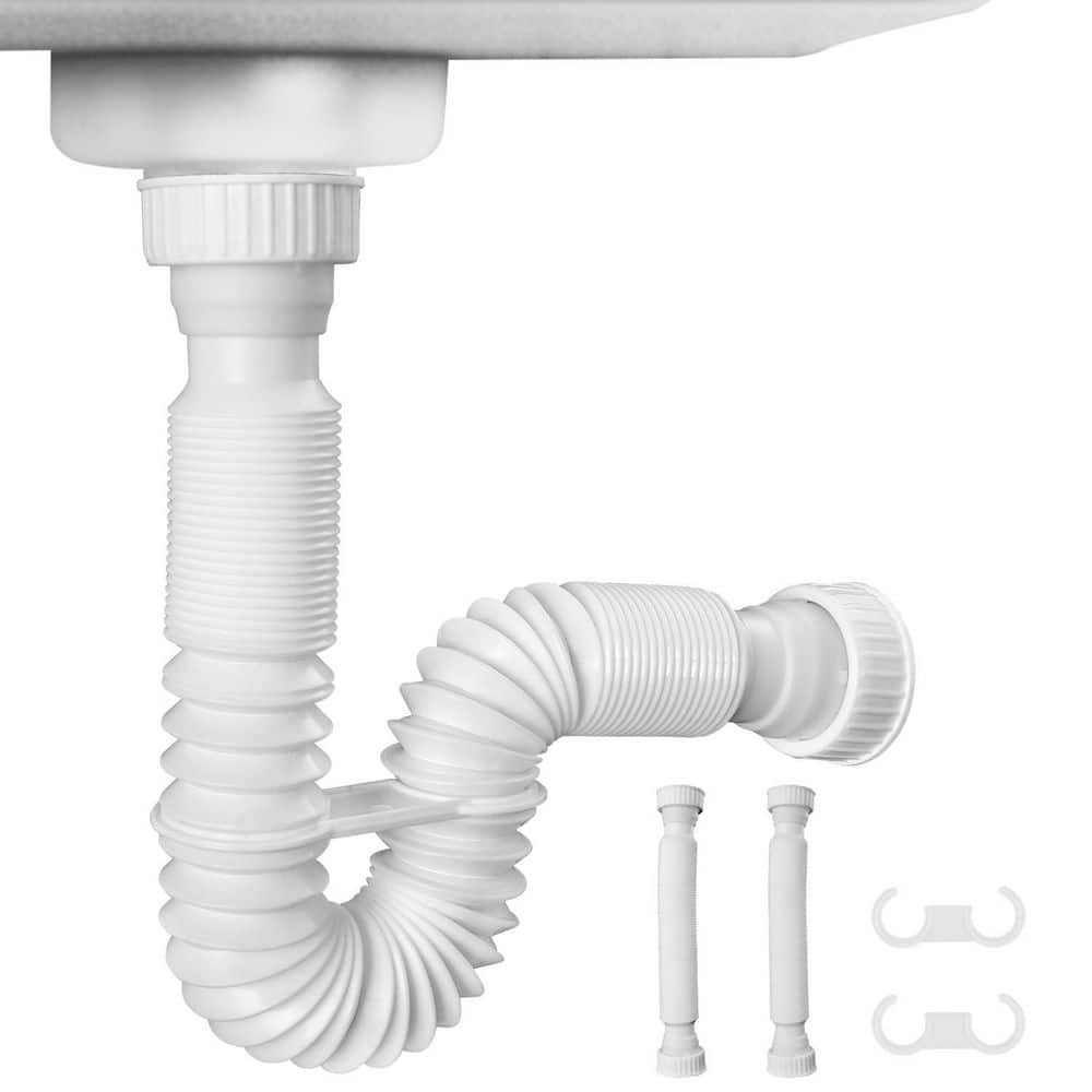 Numhew White Flexible P-Trap Sink Drain Pipe with 2 Rubber Sealing ...