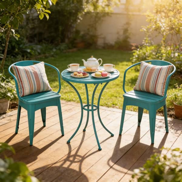 Modern Teal 3-Piece Metal Outdoor Bistro Set, Patio Set with Slatted ...