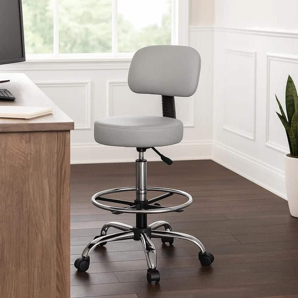 Benjara Fea Vinyl Padded Seats Ergonomic Office Stool in Gray, Chrome ...