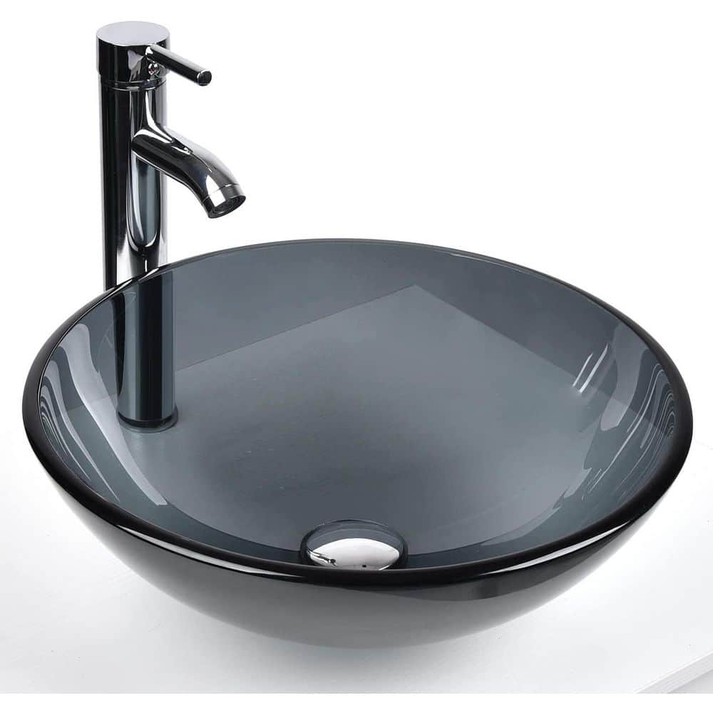 Flynama Bathroom Round Glass Vessel Sink with Faucet in Gray LY-USBG003 ...