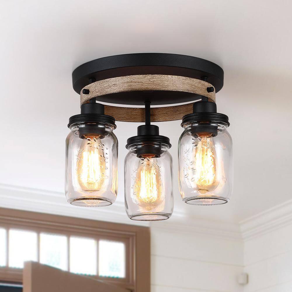 TRUE FINE Eliton 13.6 in. 3-Light Black/Wood Tone Rustic Farmhouse Semi ...