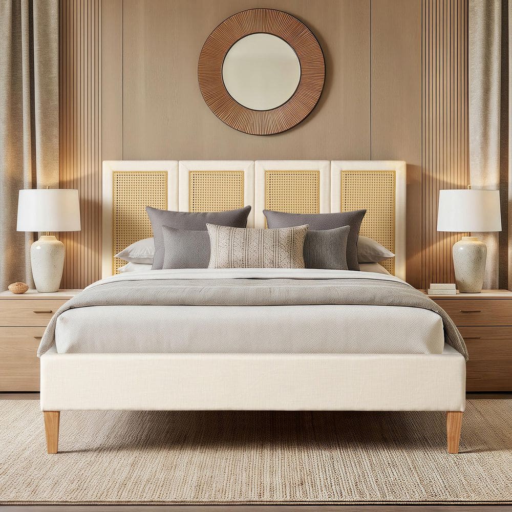 Jennifer Taylor Toscana Queen Upholstered Cane Back Platform Bed in Antique White Polyester ...