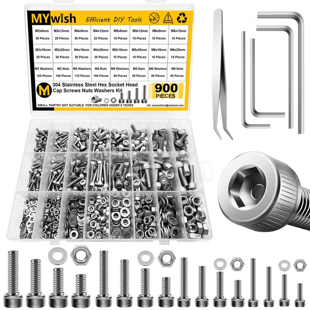 MYWISH 900-Piece M3, M4, M5, M6 Machine Screw Assortment Kit with Hex ...