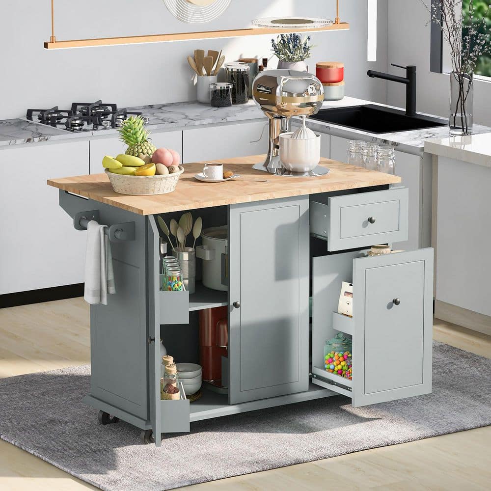 FUNKOL Grey Blue 53.9 in. Drop Leaf Large Kitchen Cart with Internal ...