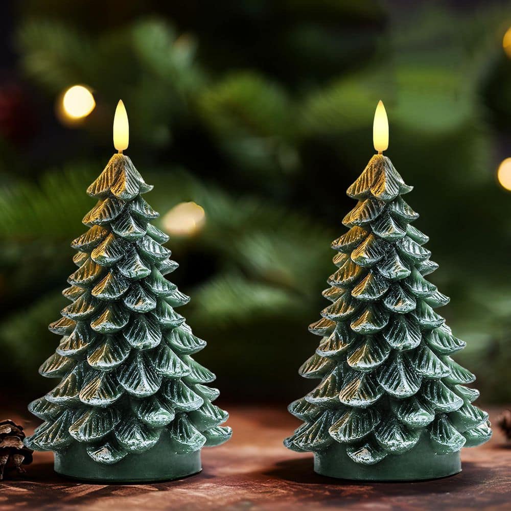 Green Christmas Tree Candles with 6 Hours Timer Battery Powered Plastic ...