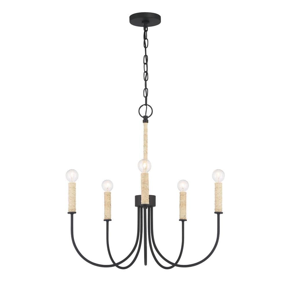 Hampton Bay Covington 5-Light Matte Black Chandelier with Natural Abaca ...