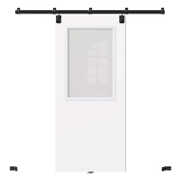 TENONER 32 in. x 80 in. Half-Lite Frosted Glass White Primed Pine Wood ...
