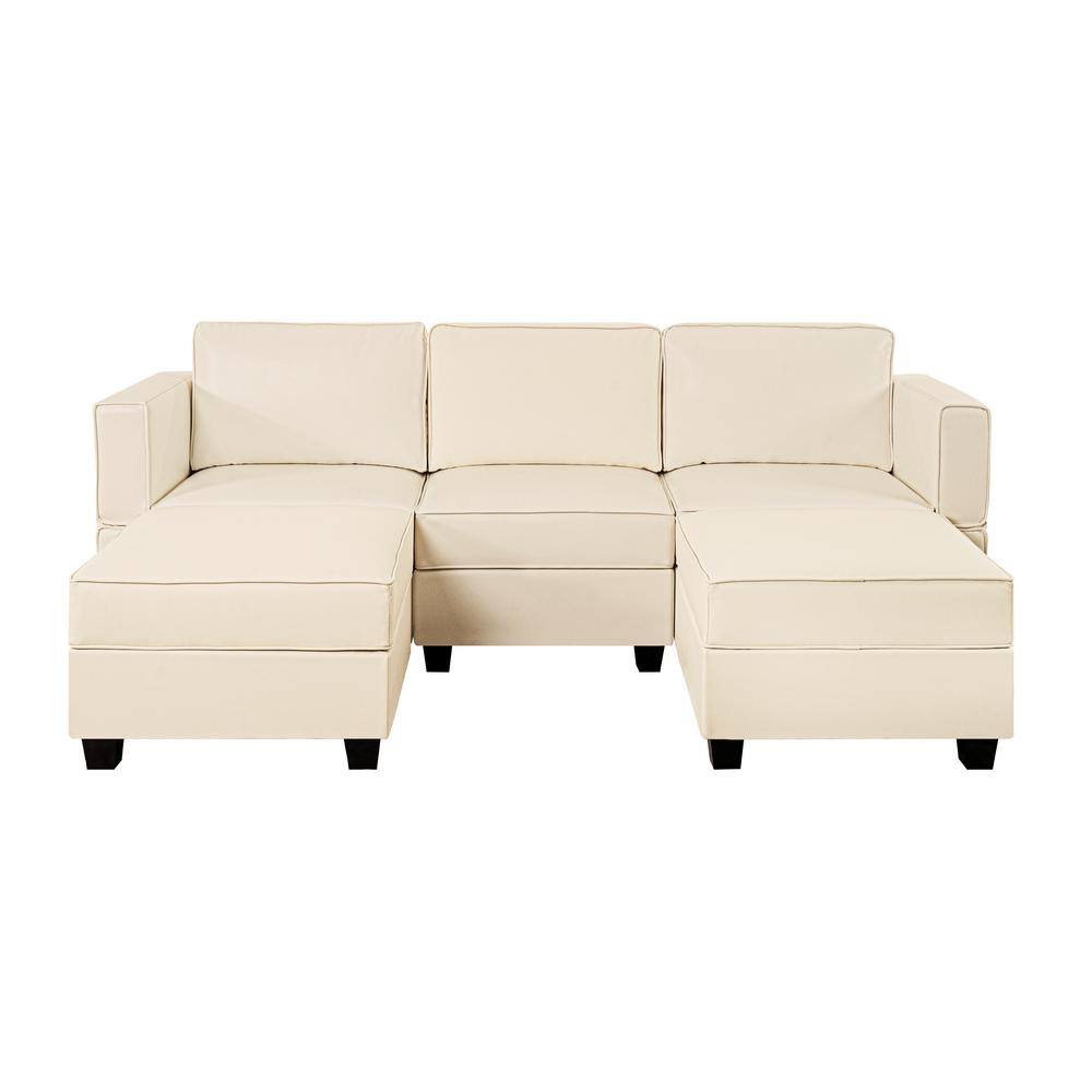HOMESTOCK 87.01 in. W Faux Leather Sofa with Double Ottoman Streamlined ...