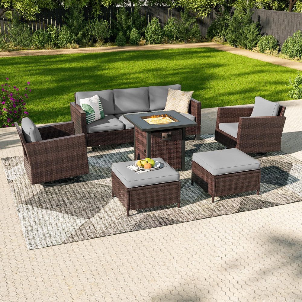 Sonkuki 6-Pieces Patio Conversation Set with Square Fire Pit Table and ...