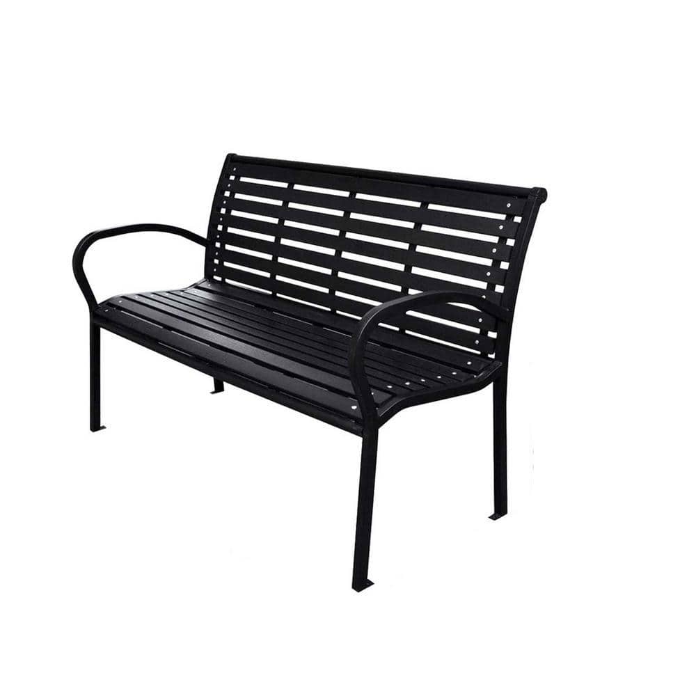 Zeus & Ruta 45.7in. Black Metal Outdoor Bench with Curved Backrest ...