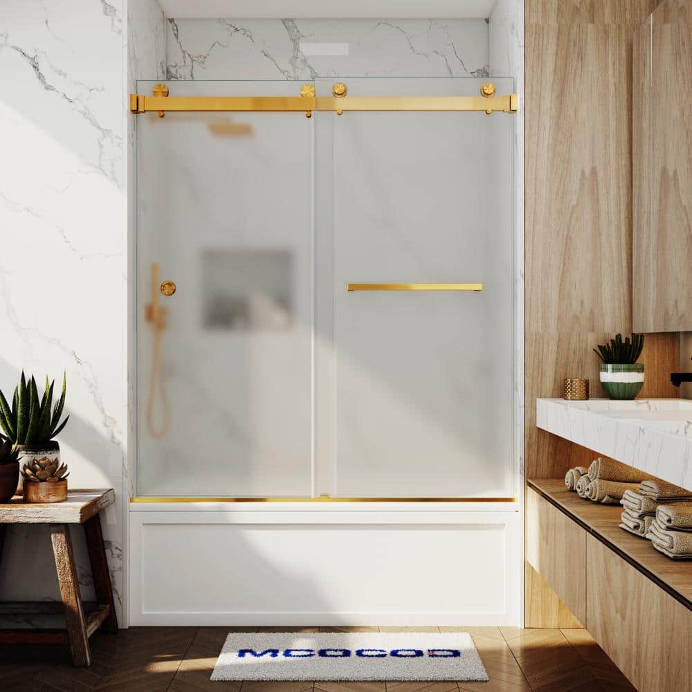 MCOCOD 56-61 in. W x 66 in. H Double Sliding Frameless Smooth Sliding Tub Door in Brushed Gold ...