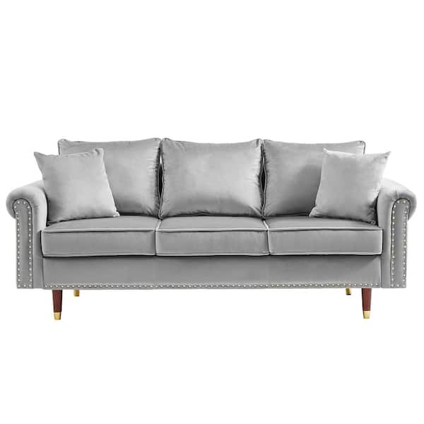 Z-joyee 74 in. Rolled Arm Velvet Modern Straight 3 Seater Sofa Couch in ...