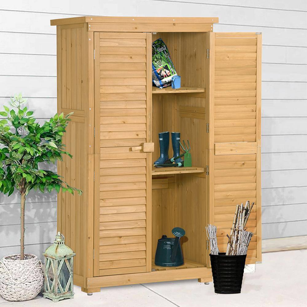 BTMWAY 2.8 ft. W x 1.5 ft. D Natural Outdoor Wood Storage Shed Tool Cabinet with 2 Removable ...