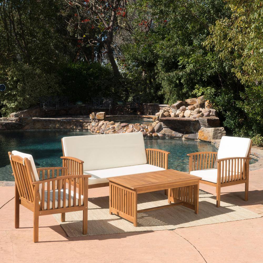 4-Piece Outdoor Wood Patio Funiture Conversation Set with Brown ...