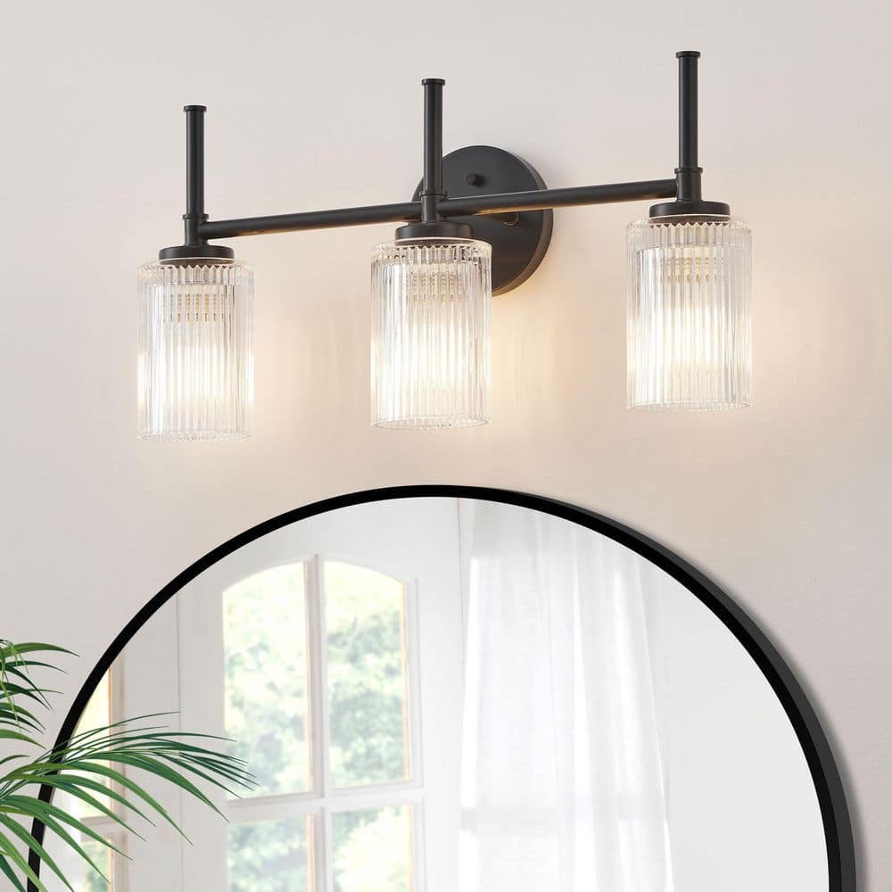 KAWOTI 22 in. 3-Light Black Vanity Light with Clear Ribbed Glass Shades ...