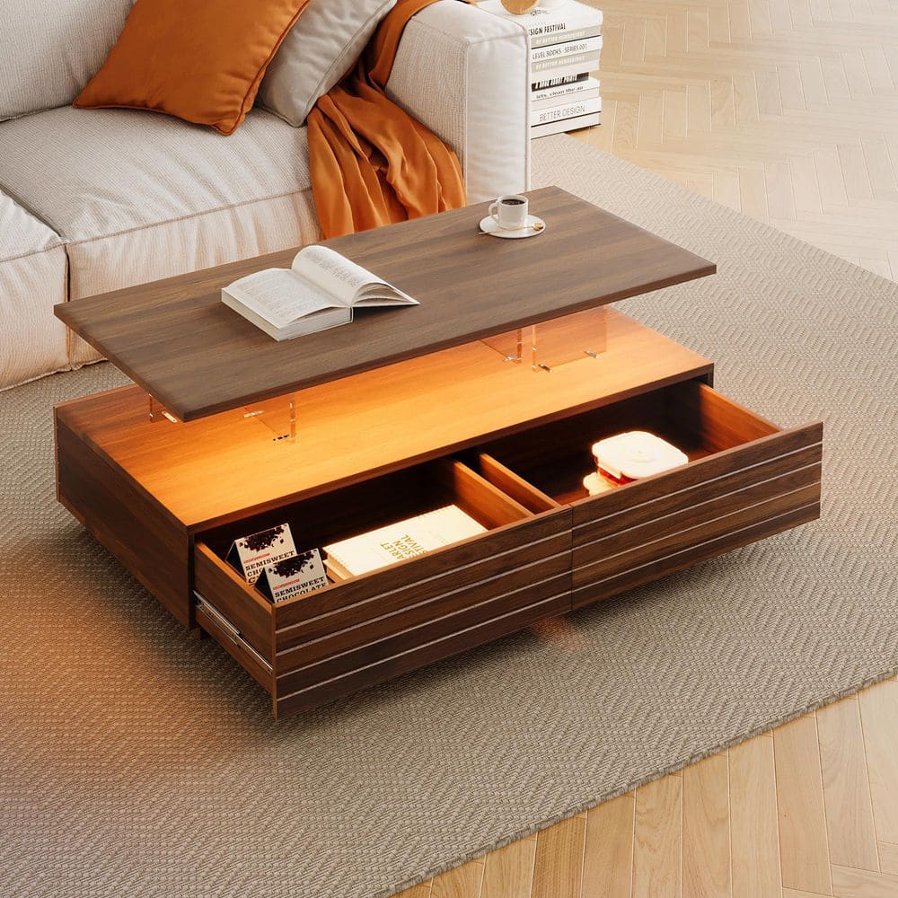 Harper & Bright Designs 47.2 in. Walnut Rectangle MDF Coffee Table with LED Lights HZC038AAD ...