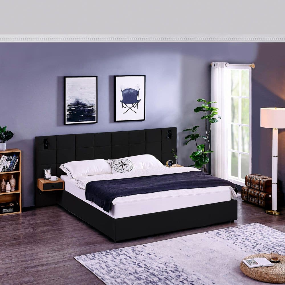 Noble House Derwin Black Wood Frame King Velvet Upholstered Hydraulic ...