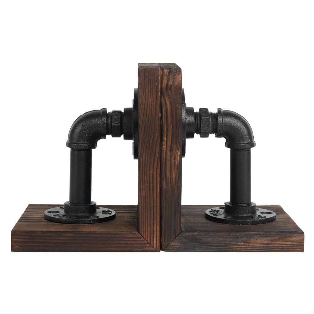 Afoxsos Dark Brown Industrial Pipe and Rustic Wood Bookends, Set of 2 ...