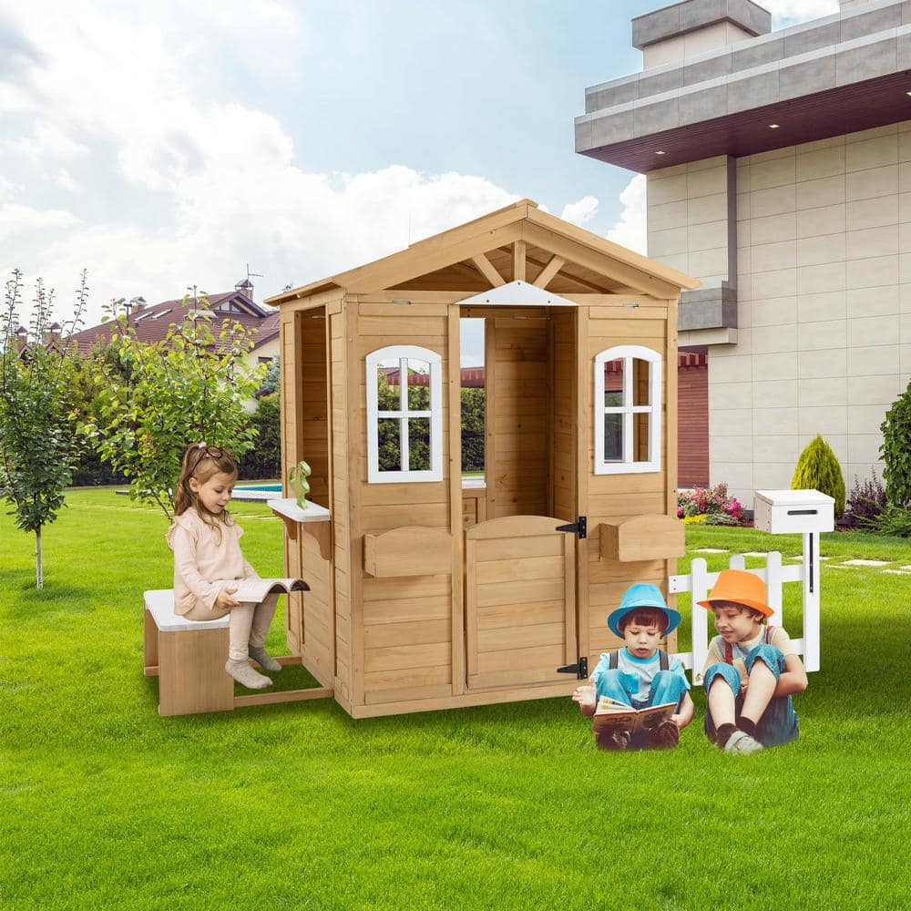Thanaddo Outdoor Playhouse for Kids Wooden Cottage with Working Doors ...