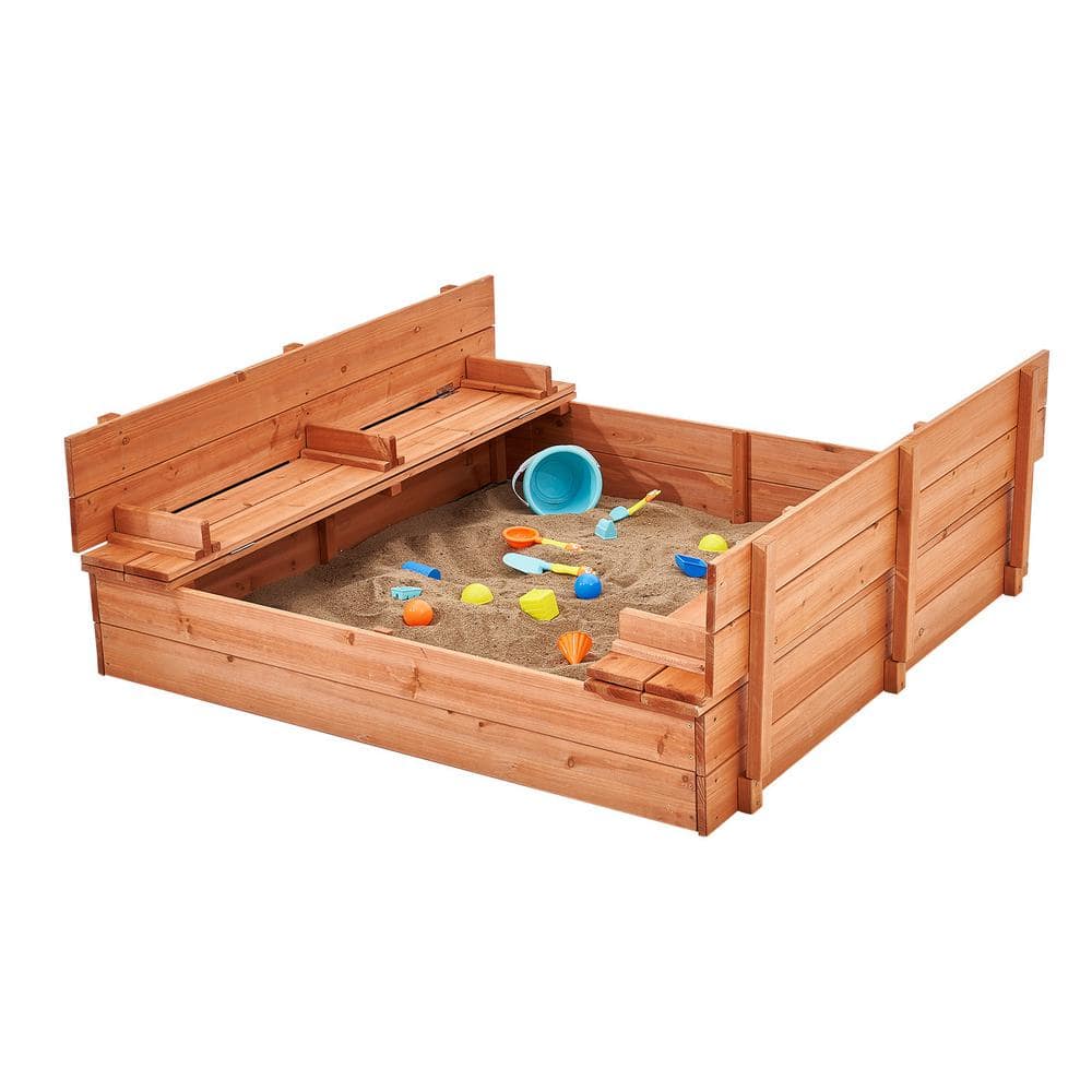 SKYSHALO Wooden Sandbox, 4 ft. W x 4 ft. L Wooden Square Sandbox, with ...
