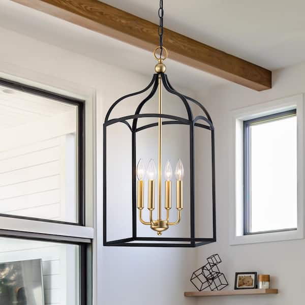 ZYZWMB Essen 4-Light Matte Black Rectangle Lantern Chandelier for ...