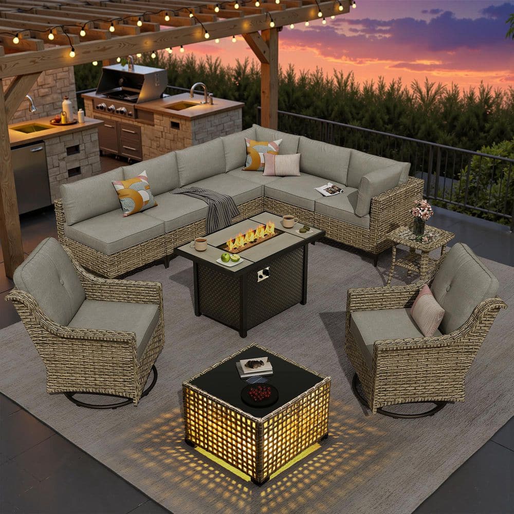OVIOS Holly Gray 11-Piece Wicker Rectangle Fire Pit Patio Conversation ...