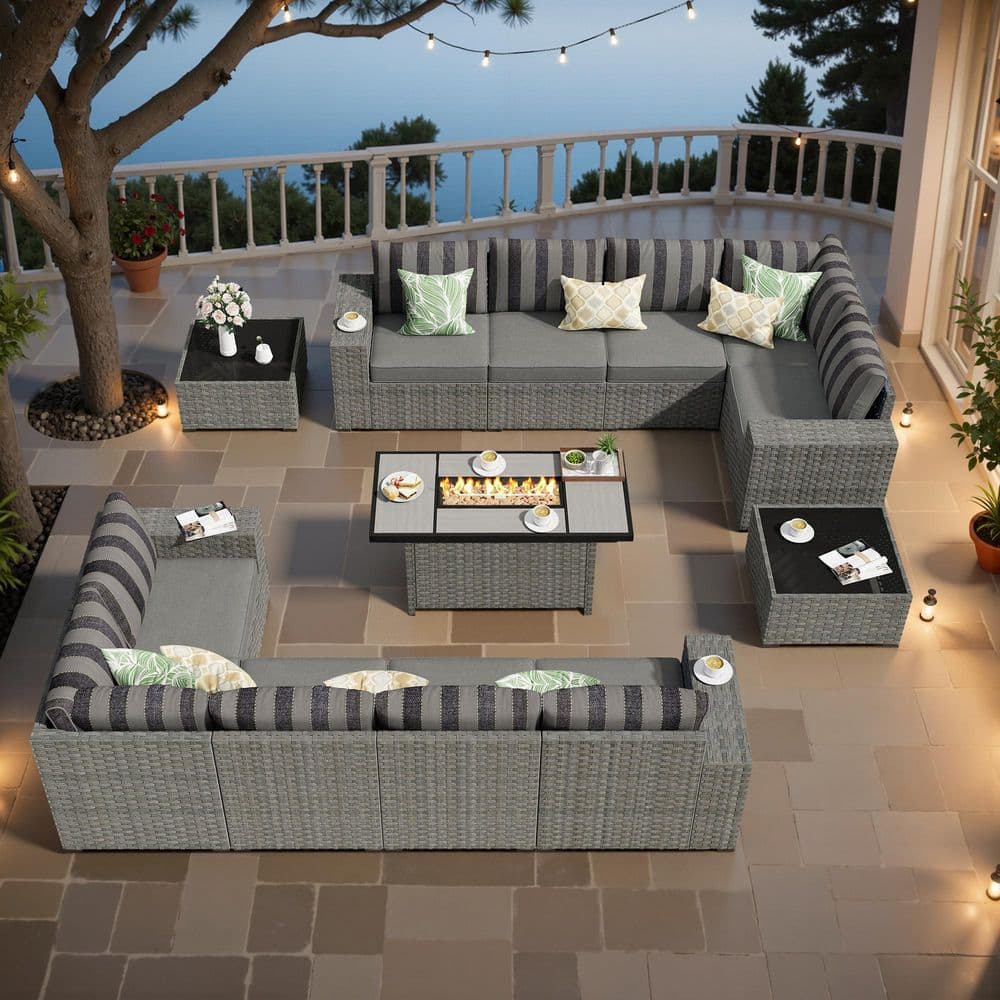 XIZZI Aestheticism 13-Pieces Wicker Outdoor Patio Rectangular Fire Pit ...