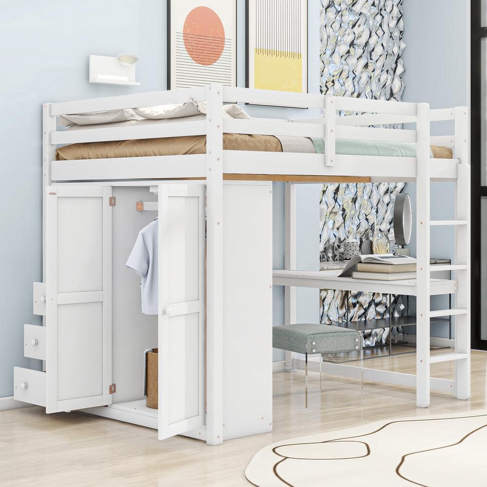 Polibi Wood Full Size Loft Bed with Built-in Wardrobe, Desk, Storage Shelves and Drawers, White ...