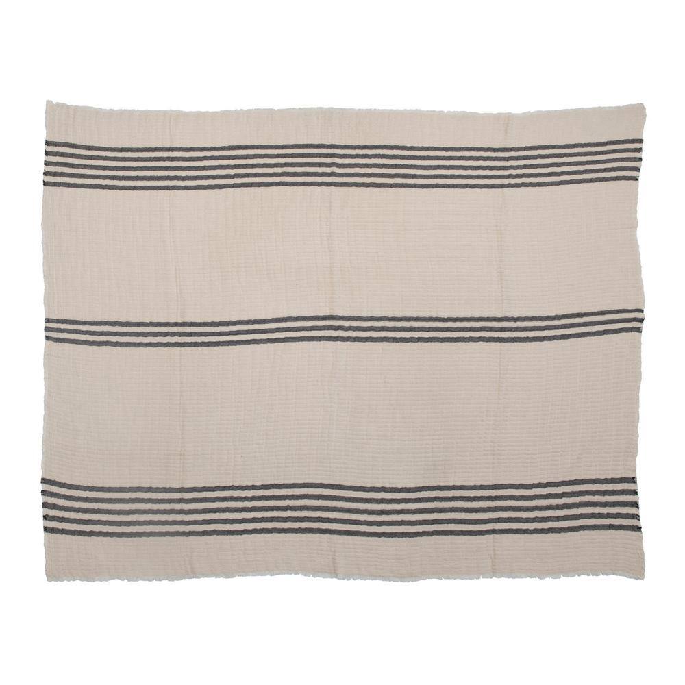 Storied Home Cream, Black Cotton Double Cloth Stitched Throw Blanket ...