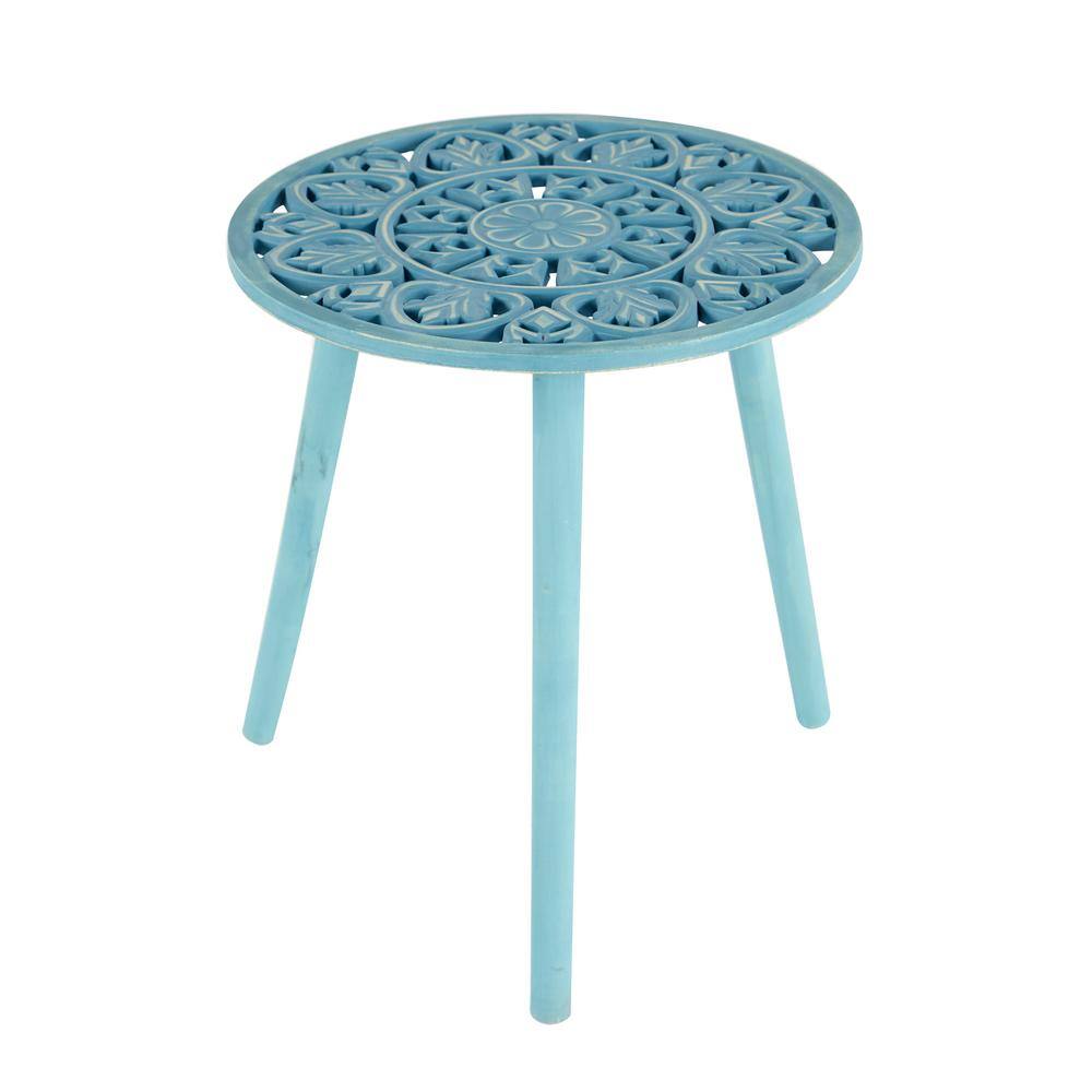 LITTON LANE Small Teal Modern Style Carved Wood Round Accent Table ...