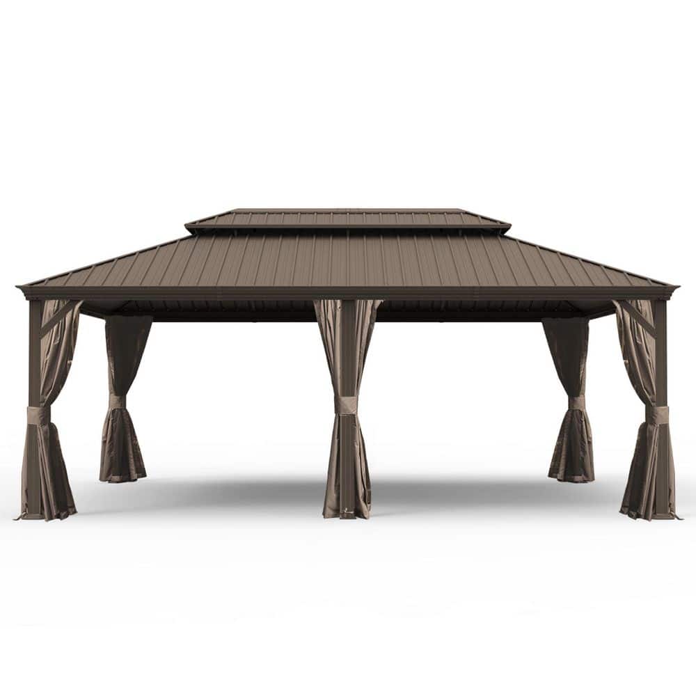 VAMOP 14 ft. x 22 ft. Brown Outdoor Hardtop Gazebo with Dual-Layer ...