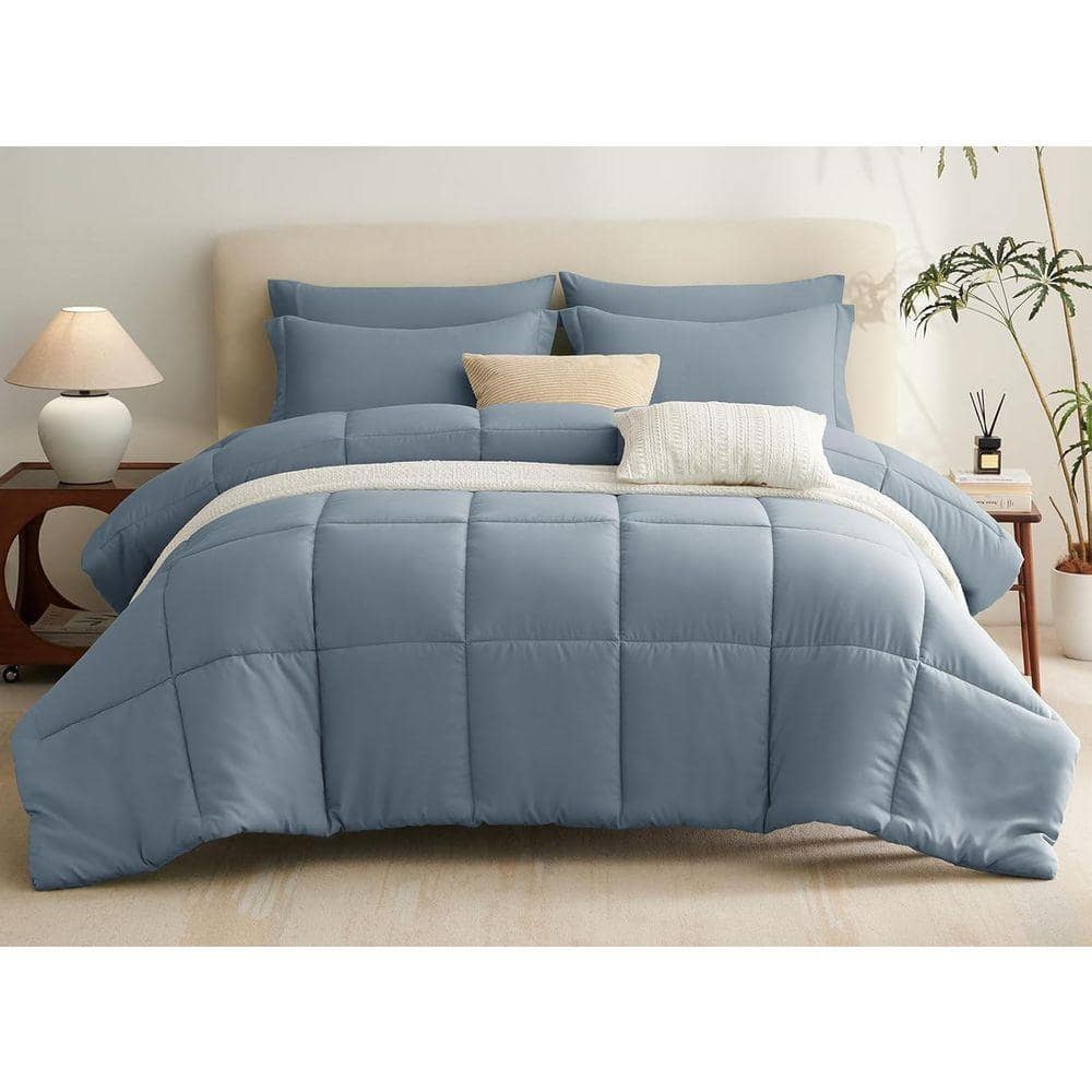 Soft 7-Piece Grayish Blue 100% Microfiber Queen Comforter Set with ...