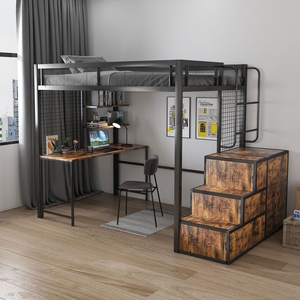 Black Full-Size Iron Loft Bed with Desk and USB Charging, Built-In ...