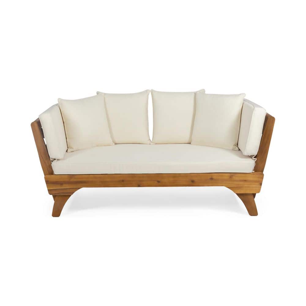 Expandable Acacia Wood Outdoor Day Bed with Beige Cushions, Outdoor ...