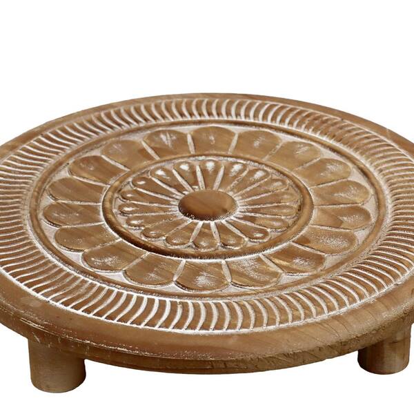 PARISLOFT Natural Wood Set of 2-Round Wood Risers with Carved Pattern ...